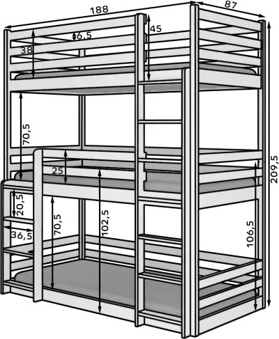 Třílůžková patrová postel TEDRO 180x80