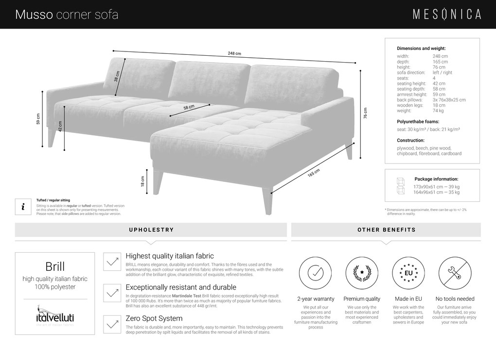 MUZZA Rohová pohovka musso tufted 248 cm antracit levá