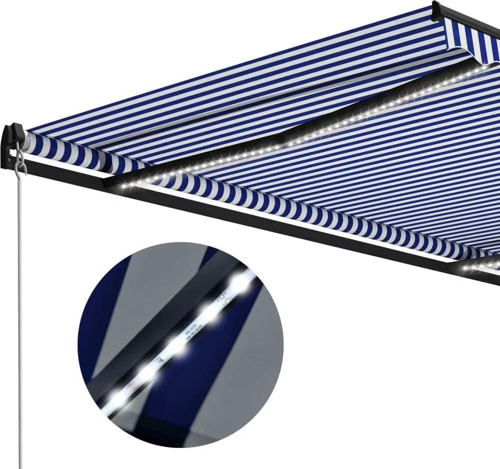 vidaXL Ručně zatahovací markýza s LED světlem 350 x 250 cm modrobílá [3055224]