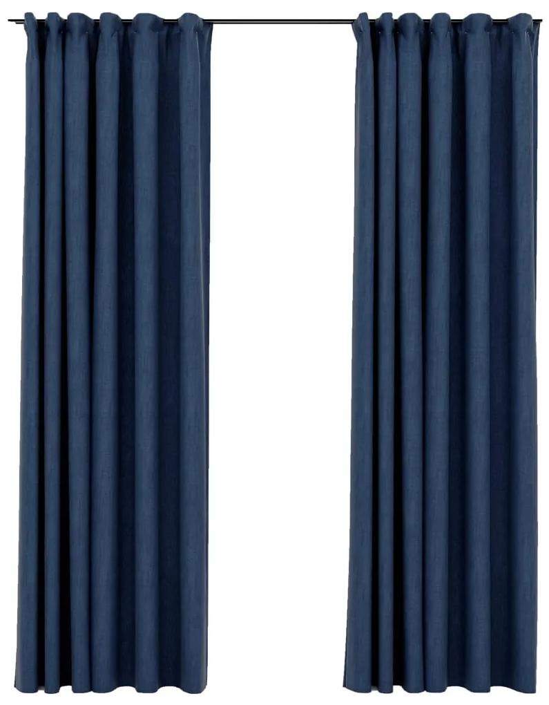 Zatemňovací závěsy s háčky vzhled lnu 2 ks modré 140 x 225 cm