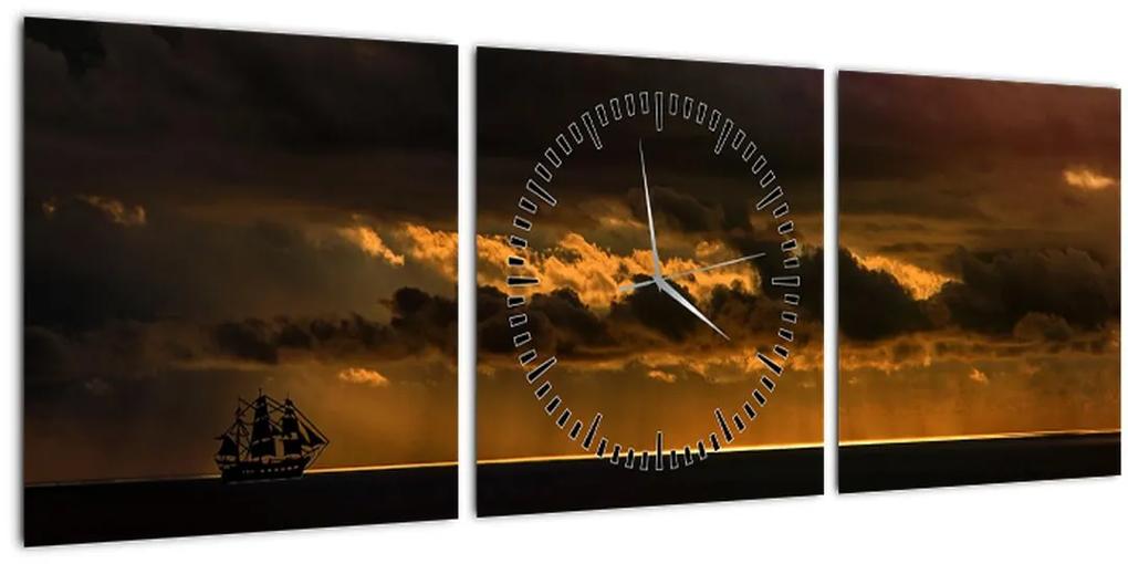 Obraz plachetnice v západu slunce (s hodinami) (90x30 cm)