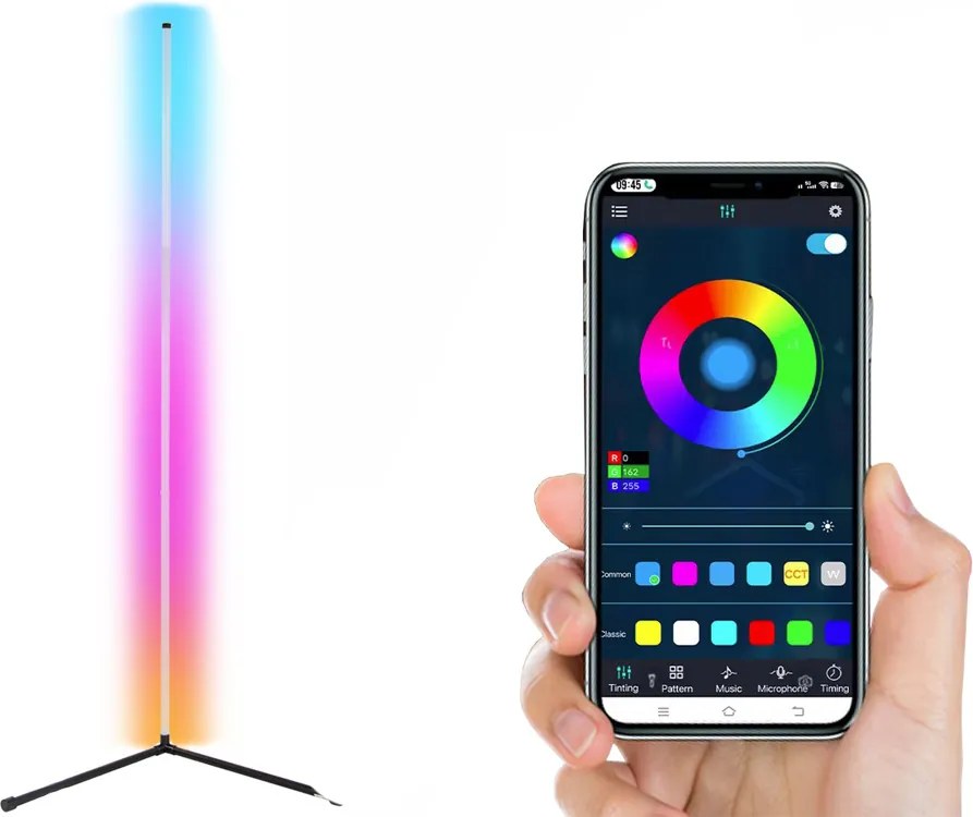 Verk Group Podlahová rohová rgb led lampa na noční stolek pro použití v ložnici 1,5
