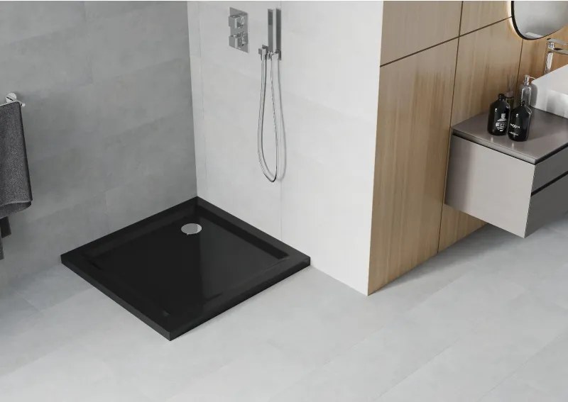 Mexen SLIM - Čtvercová sprchová vanička 80x80x5cm + chromový sifon, černá, 40708080