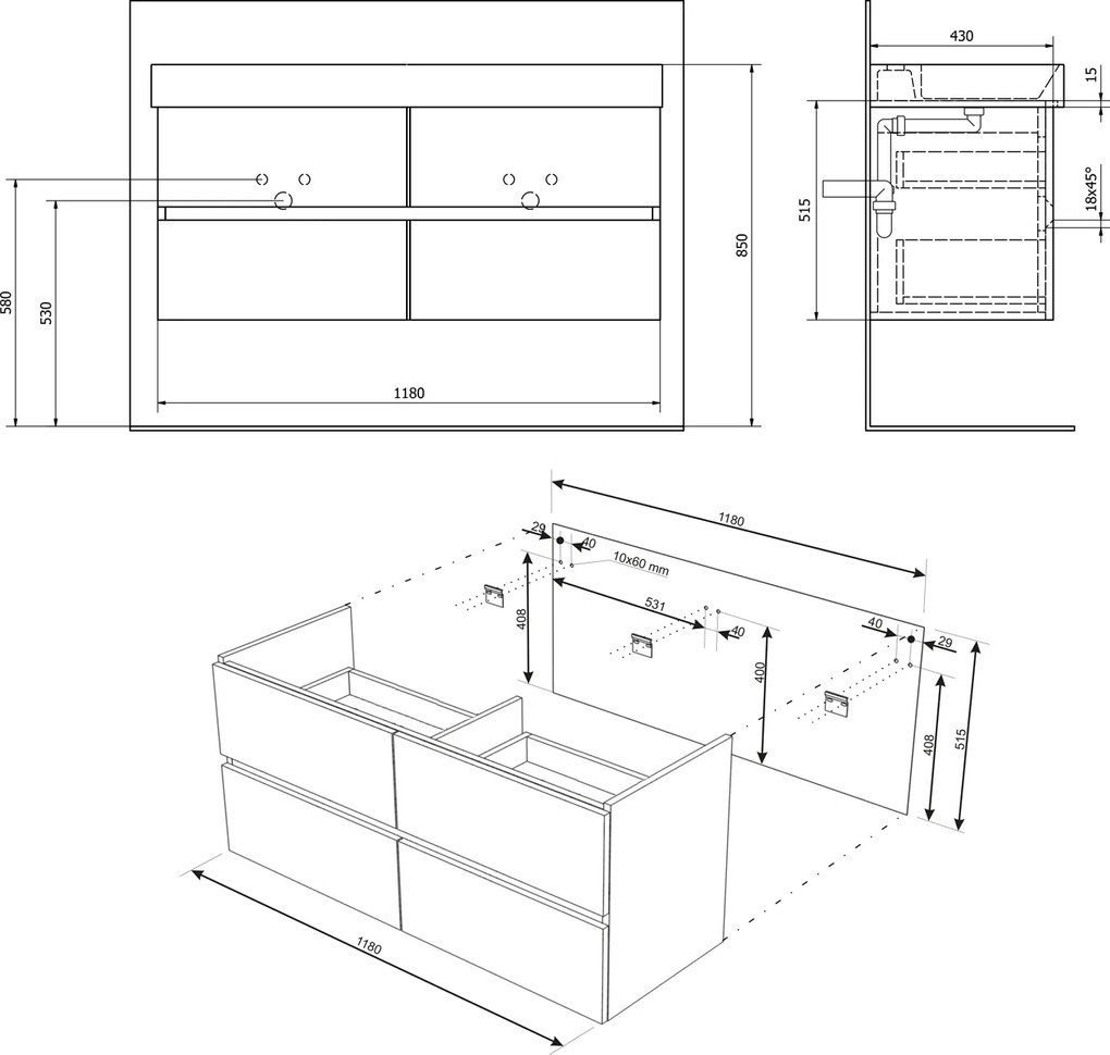 Sapho FILENA dvoumyvadlová skříňka 118x51,5x43cm, dub FID1212D