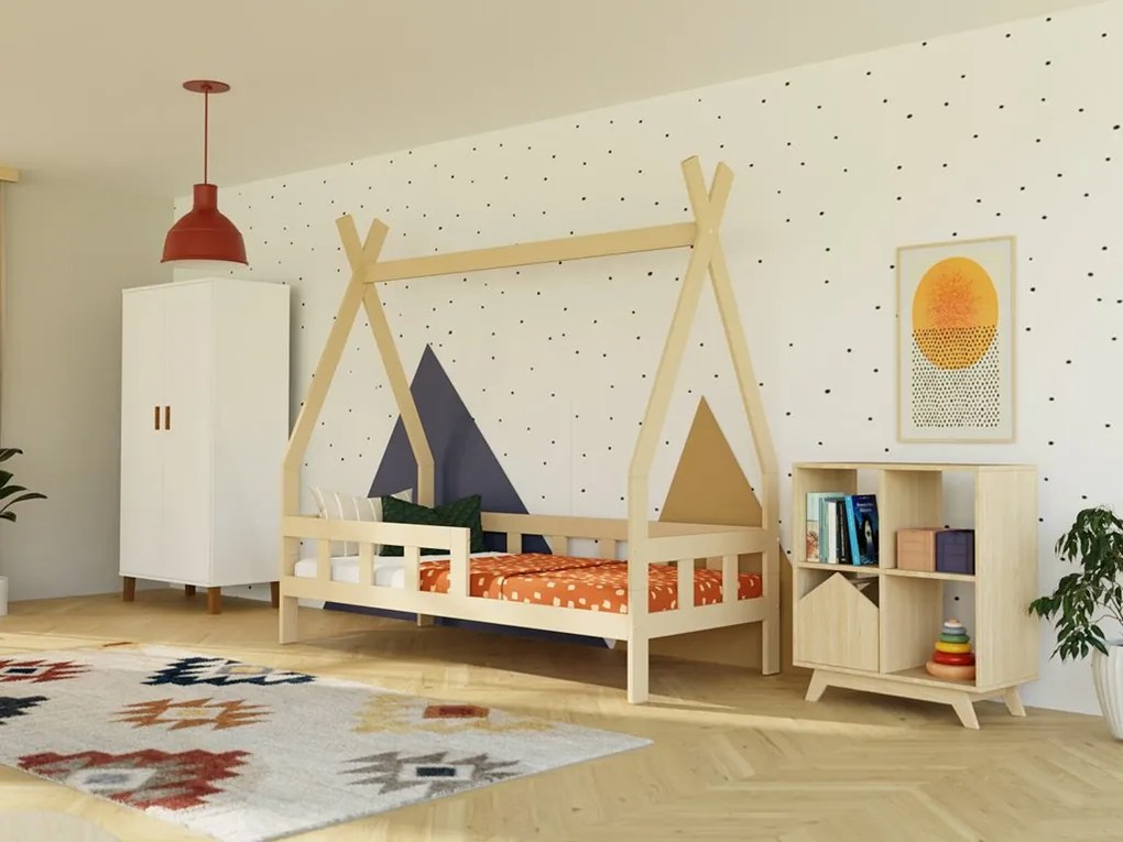 Benlemi Dětská teepee postel FENCE 4v1 ze dřeva se zábranou Zvolte barvu: Béžová, Zvolte rozměr: 90x200 cm, Zvolte zábranu: S jednou zábranou