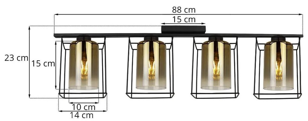 Stropní svítidlo HELLA CAGE, 4x zlaté skleněné stínítko v kovovém rámu