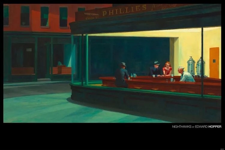 Plakát, Obraz - Edward Hopper - Noční ptáci - Nighthawks, 1942, (91.5 x 61 cm)