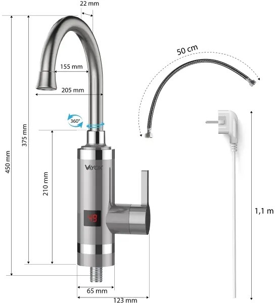 Průtokový ohřívač vody s LED displejem 3000W/230V IPX4 nerezová ocel