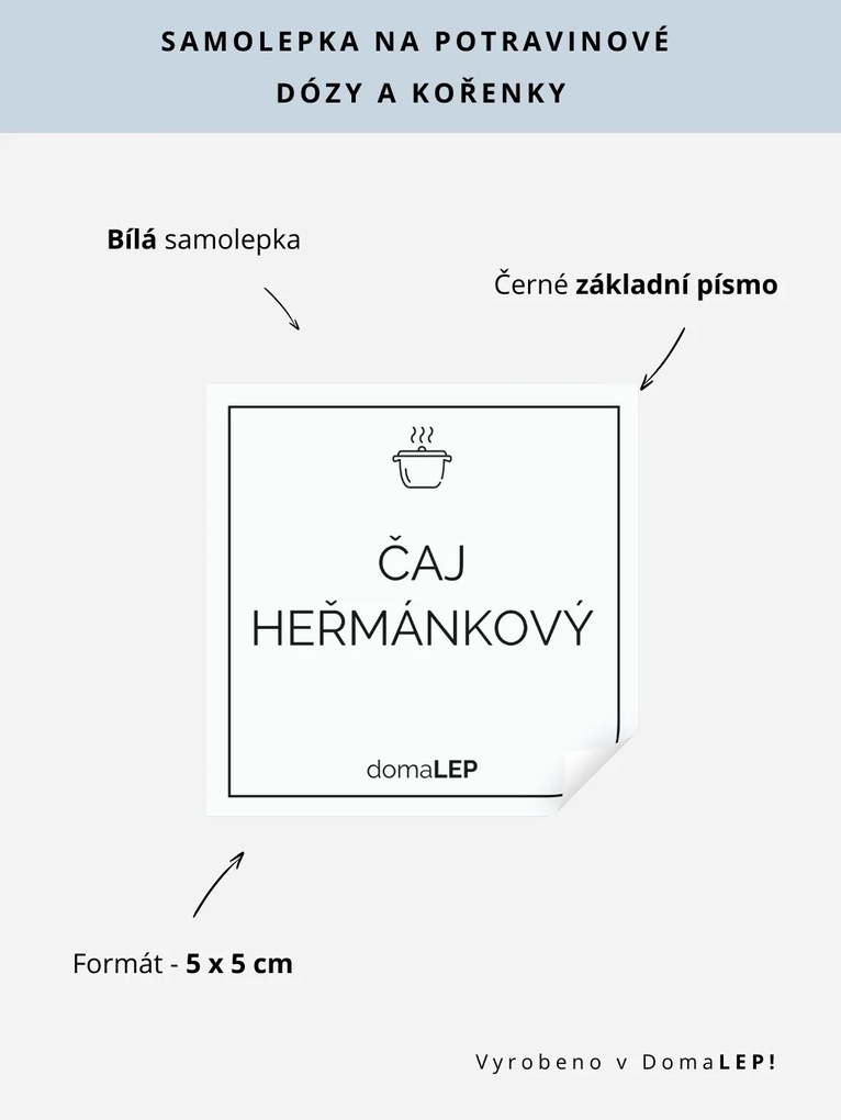 ČAJ HEŘMÁNKOVÝ – bílá samolepka na dózu, základní písmo, 5 × 5 cm | DomaLEP