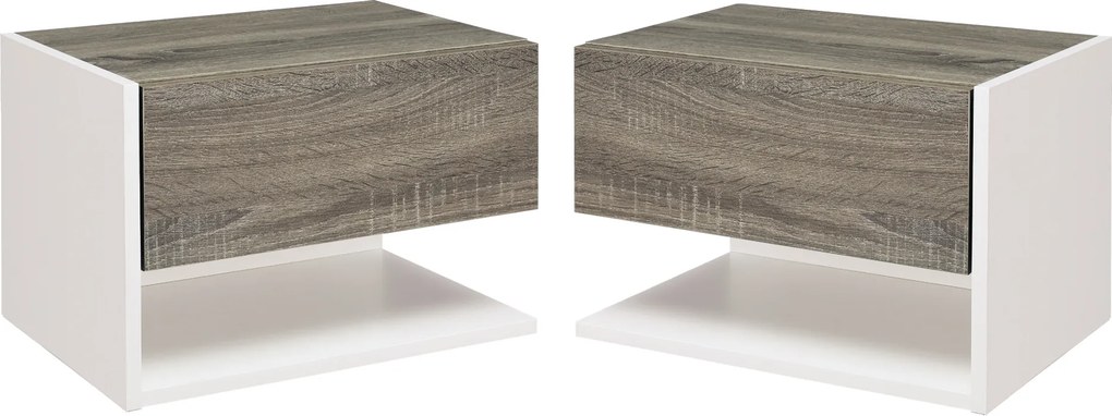 HOMCOM Sada 2 Floating Nočních Stolků Bez Noh K Hanging Noční Stolky s 1 Zásuvkou a Otevřenou Policou pro Ložnici 46x30x30 cm Dub a Bílá