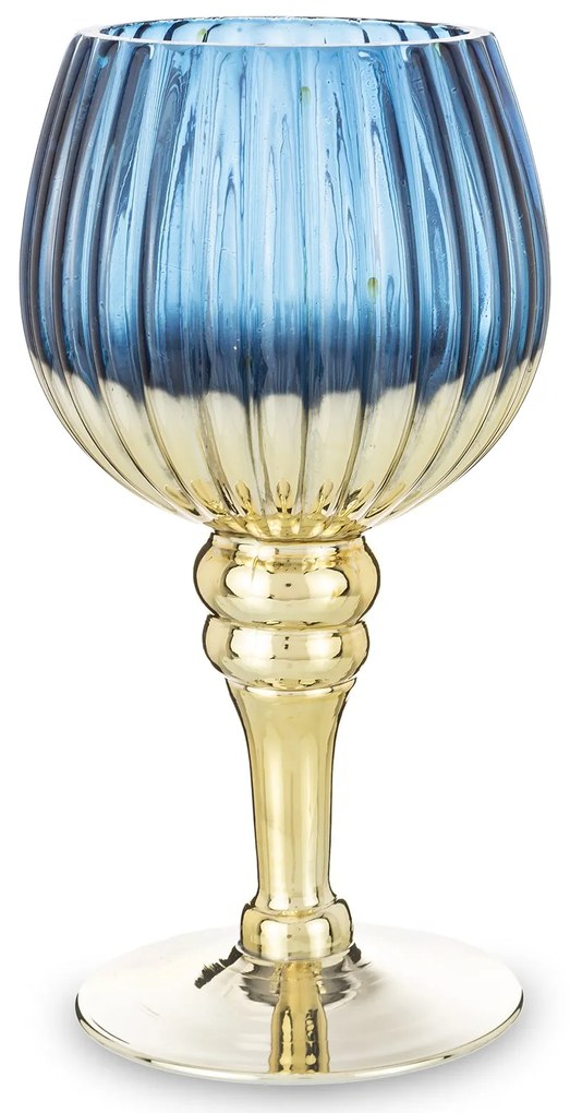 Skleněný svícen na stopce modro zlatý 20 cm 155821
