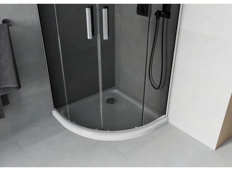 Mexen Rio, čtvrtkruhový sprchový kout s posuvnými dveřmi 80 x 80 cm, 5mm šedé sklo, chromový profil + bílá sprchová vanička, 863-080-080-01-40-4110