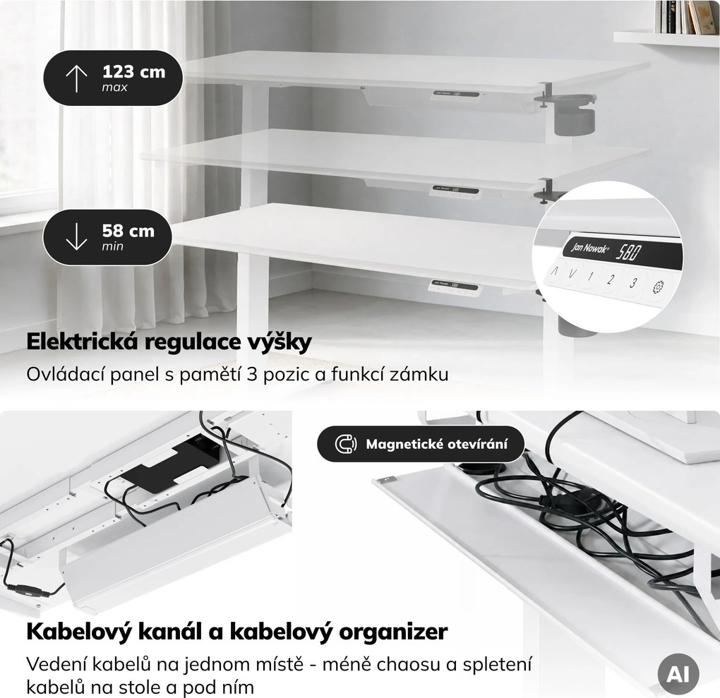 Elektrický stůl s nastavitelnou výškou ergonomický bílý,1400x700 mm: ARIA