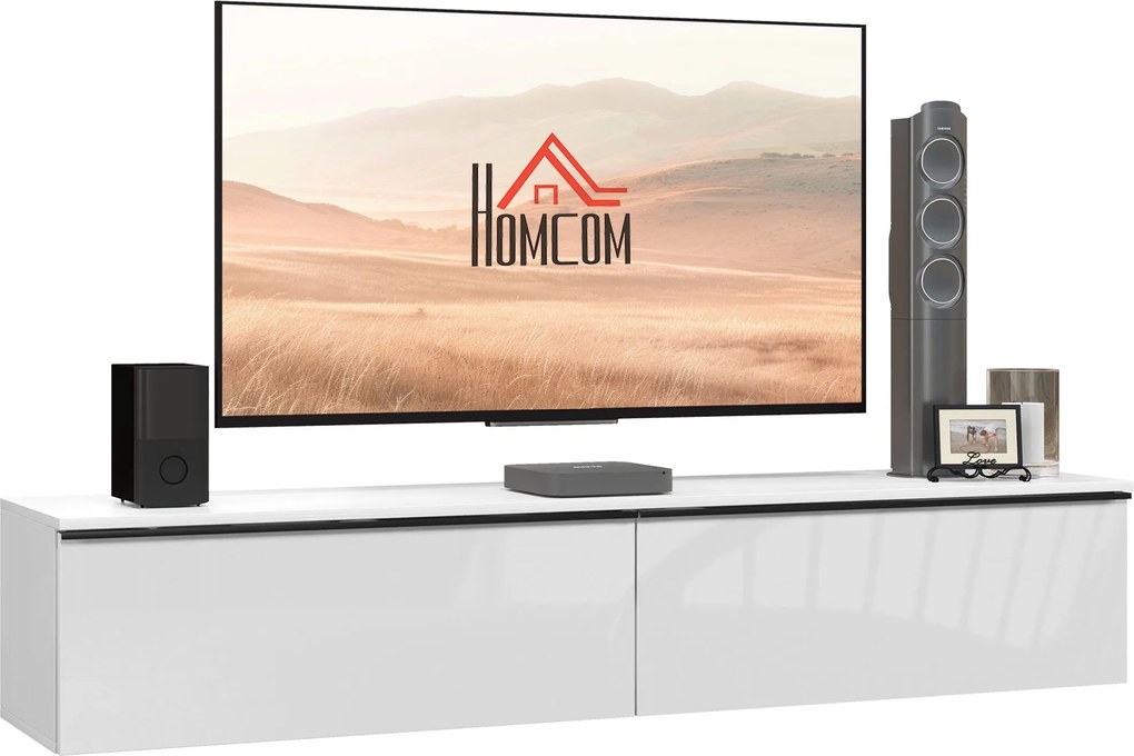 HOMCOM Nástěnný TV Stojan Dřevěný TV Konzole Koupelnová Skříň pro TV až 70 palců s Dveřmi s Lesklým Efektem, pro Obývací Pokoj, Ložnici, 160 x 35 x 3…