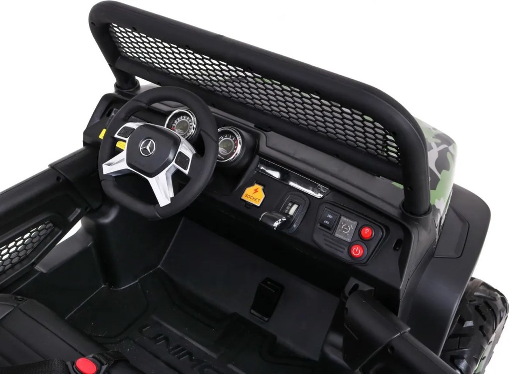 Ramiz Mercedes Benz Unimog elektrické autíčko pro děti maskáčové + pohon 4x4 + dálkové ovládání + nosič zavazadel + pomalý start + rádio MP3 + LED