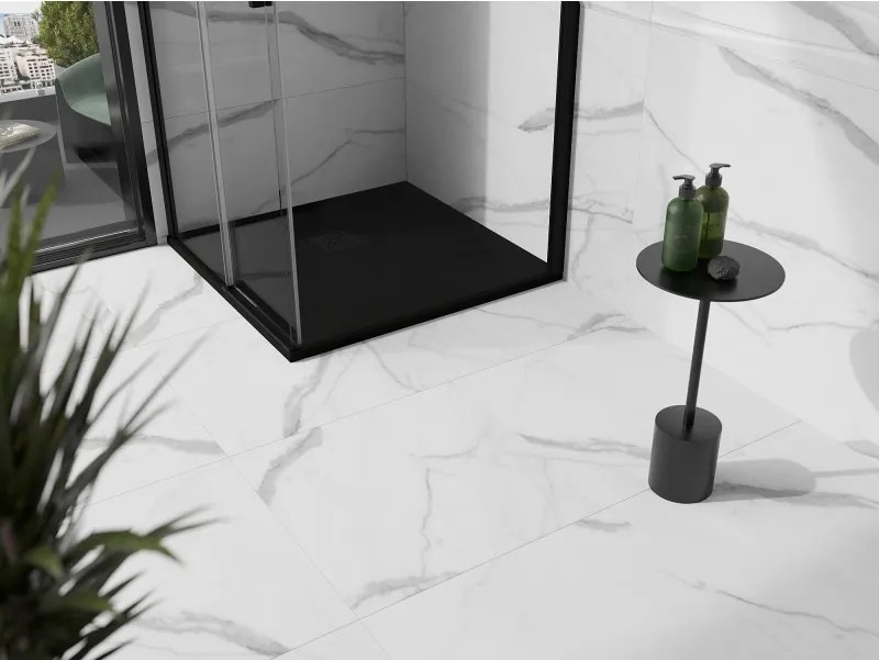 Mexen Stone+, čtvercová vanička z minerálního kompozitu 100 x 100 cm, černá, černá krytka, 44701010-B