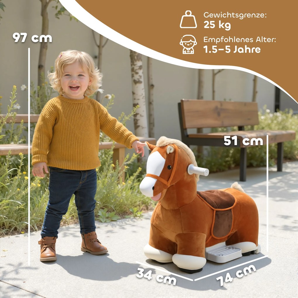 AIYAPLAY Jezdecký kůň na kolečkách pro děti, měkké potažení, napájení baterií, hudba, kola, 1,5-5 let, hnědá