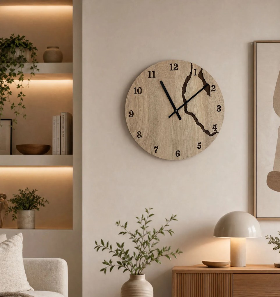 dřevo života Nástěnné hodiny ŘEKA Zvolte barvu dekoru: Horský dub-Wenge, Velikost hodin: 35x35, Barva ručiček: Černé