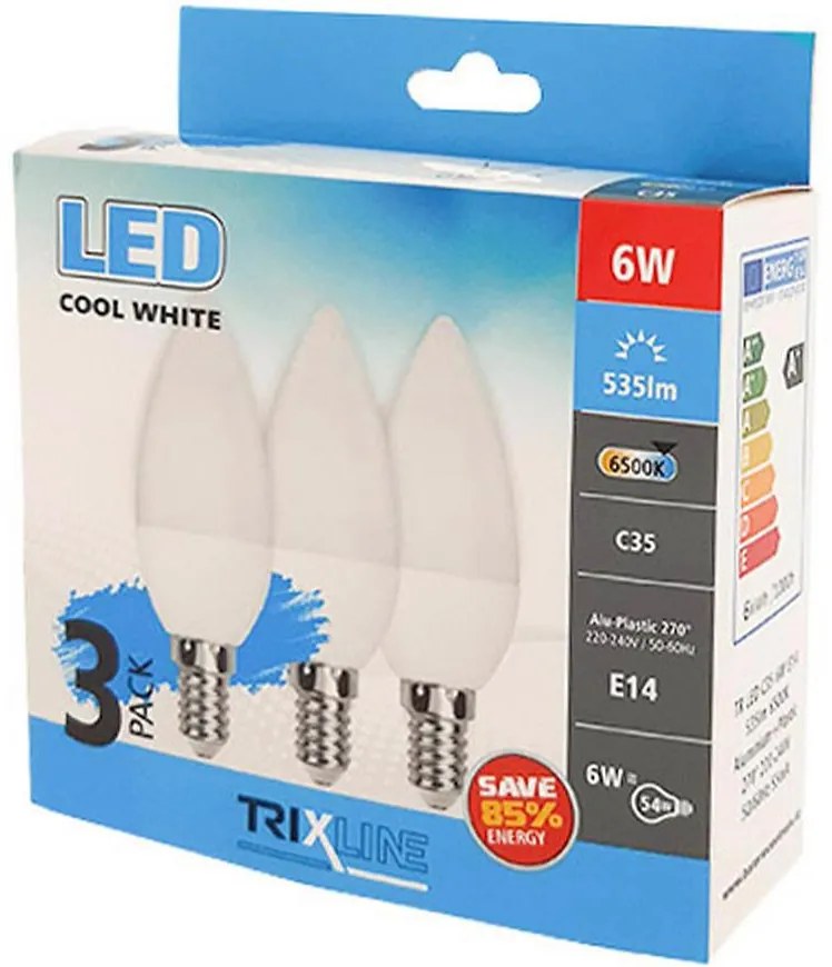 LED Žárovky 6W E14 C35 6500K sada 3 kusy
