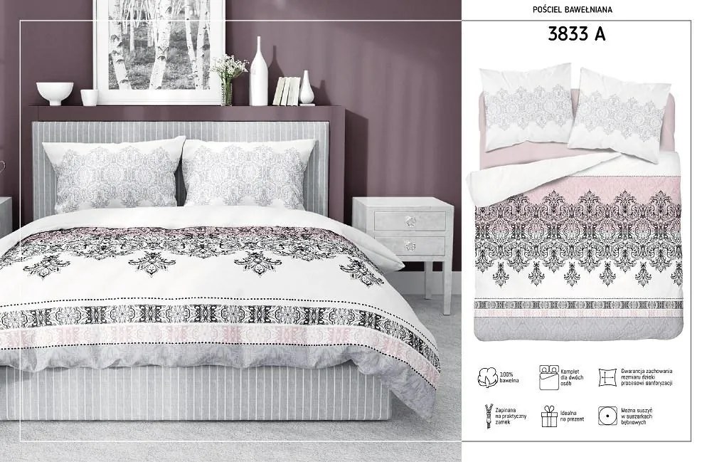 Detexpol Bavlněné povlečení 220x200 Glamour bílé růžové ornamenty orientální 3833 A Bavlna 88