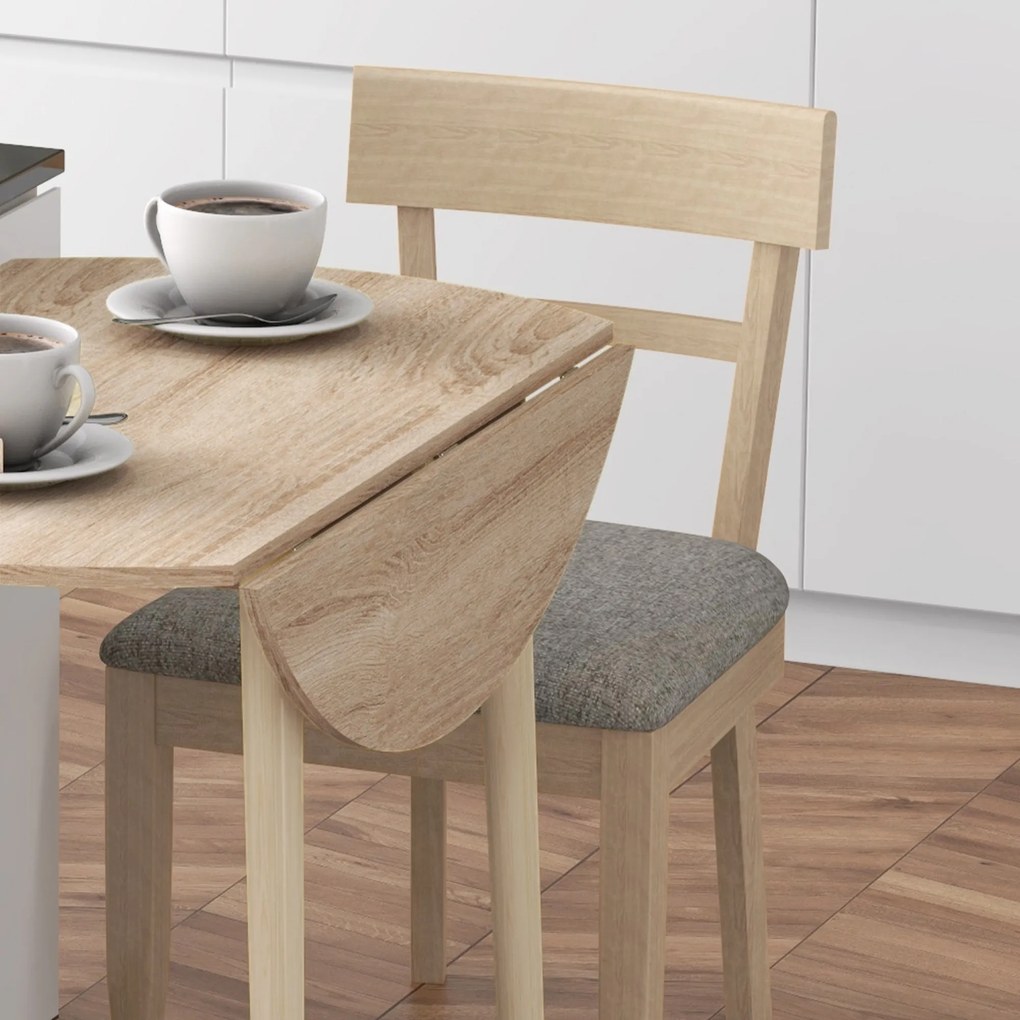 HOMCOM Skládací jídelní stůl s 2 sklápěcími listy - rozkládací kulatý stůl - úsporný s dřevěnými nohami Ø89 x 73.5H cm