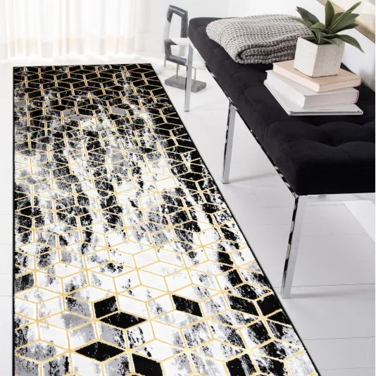 Dywany Łuszczów, Běhoun Gloss 409A 82 3D cubes black/gold/grey, 80x250, černá, obývací pokoj