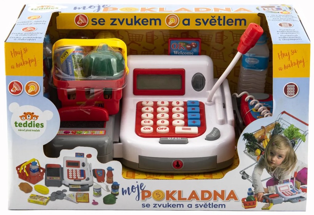 Teddies Pokladna digitální plast 30cm s doplňky na baterie se zvukem se světlem v krabici