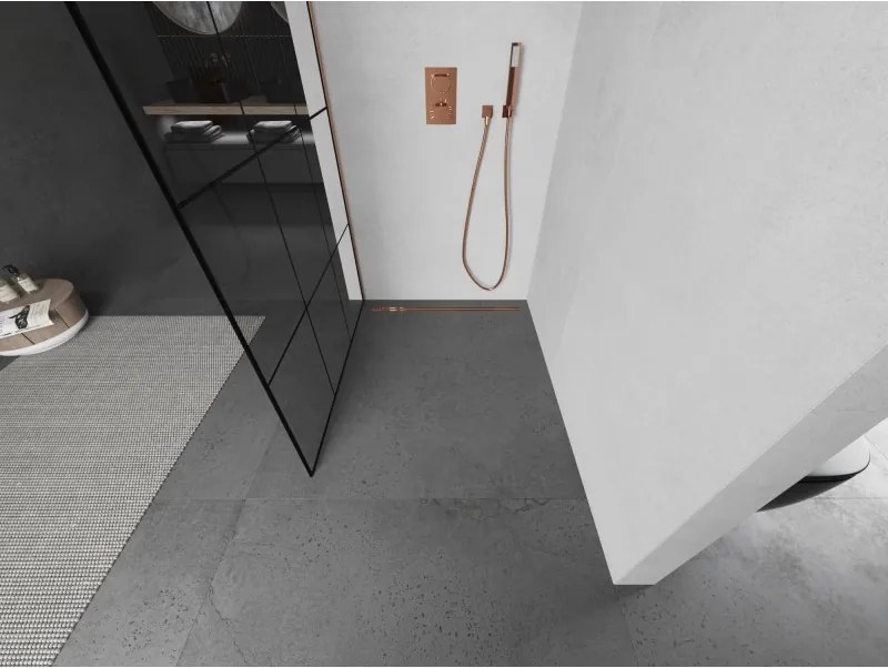 Mexen Kioto, sprchová zástěna Walk-In 100 x 200 cm, 8mm čiré sklo černý vzor, ​​měděný matný profil, 800-100-101-65-77