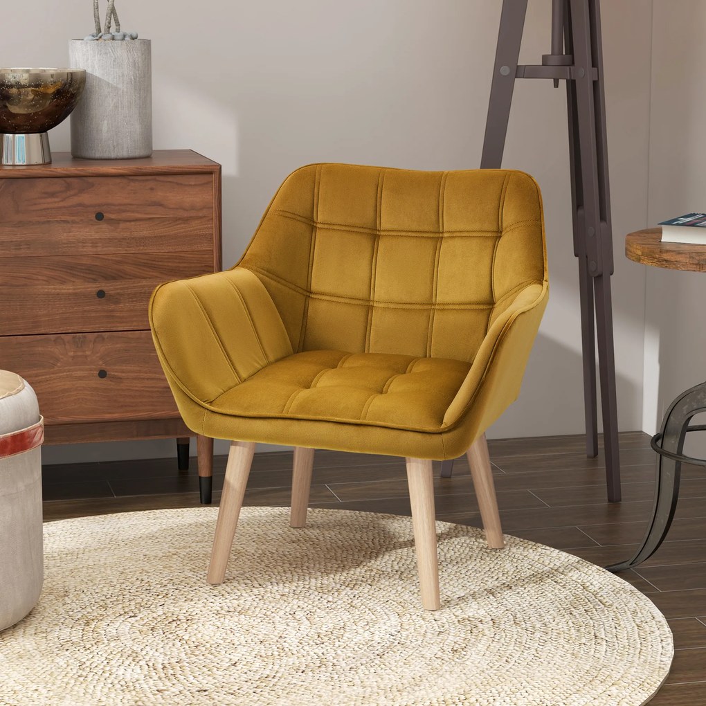 HOMCOM křeslo s polohovatelným sedákem se sametem, skandinávské, zvýšené nohy, sametový polyester, žlutá 67x61,5x71 cm