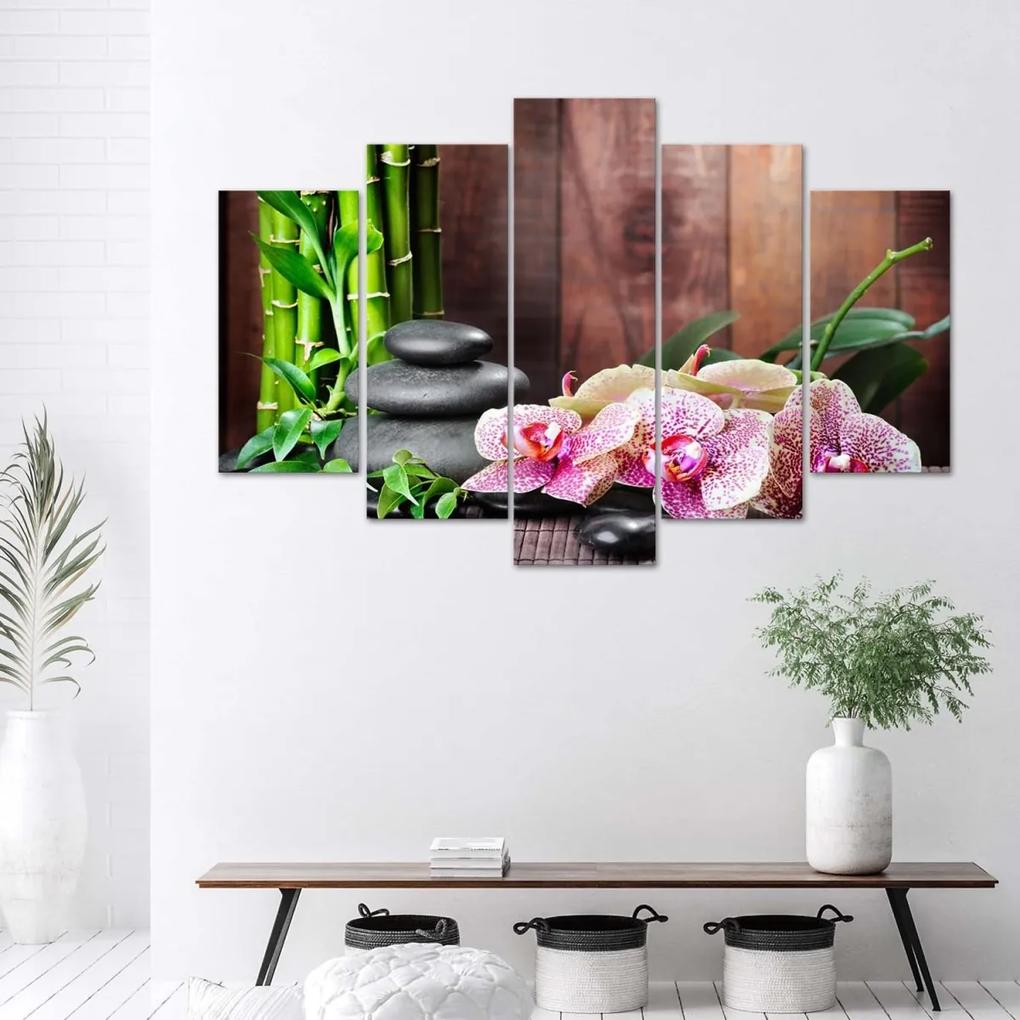 Obraz na plátně pětidílný Orchidejové kameny Bamboo - 200x100 cm
