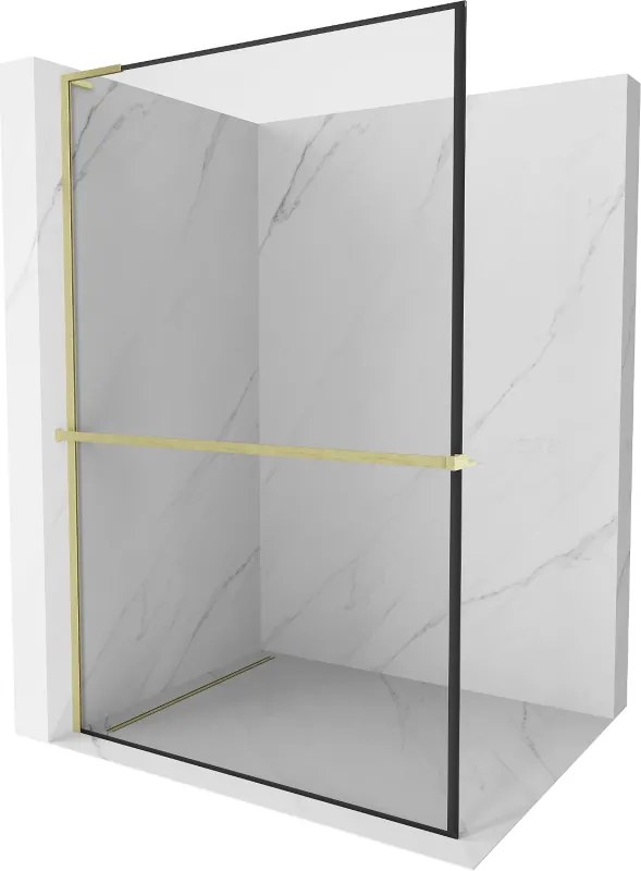 Mexen Kioto+ L, sprchová zástěna Walk-In s poličkou a věšákem 100 x 200 cm, 8mm čiré sklo černý vzor, ​​zlatý matný profil, 800-100-123-55-70