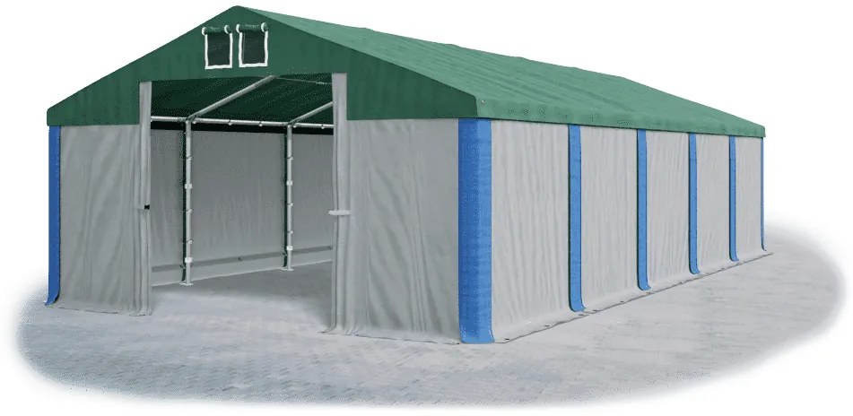 Garážový stan 5x10x3m střecha PVC 560g/m2 boky PVC 500g/m2 konstrukce ZIMA Zelená Šedá Modré