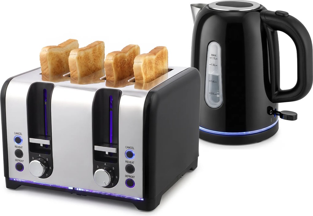 HOMCOM konvice a toastovač set s rychlovarnou konvicí 1,7 l a 7 stupni opečení pro snídaňový set v černé