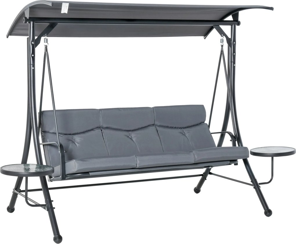 Outsunny Zahradní Houpací Lavice pro 3 osoby s Nastavitelnou Střechou a Skleněným Stolkem, Ocel, Polyester, Šedá+Černá, 271 x 125 x 177 cm | Aosom