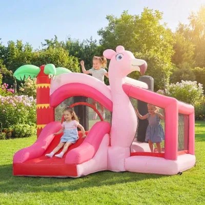 AIYAPLAY Skákací hrad pro děti s ventilátorem, skluzavkou, trampolínou, bazénkem s míčky, košem na basketbal, 255x230x196 cm