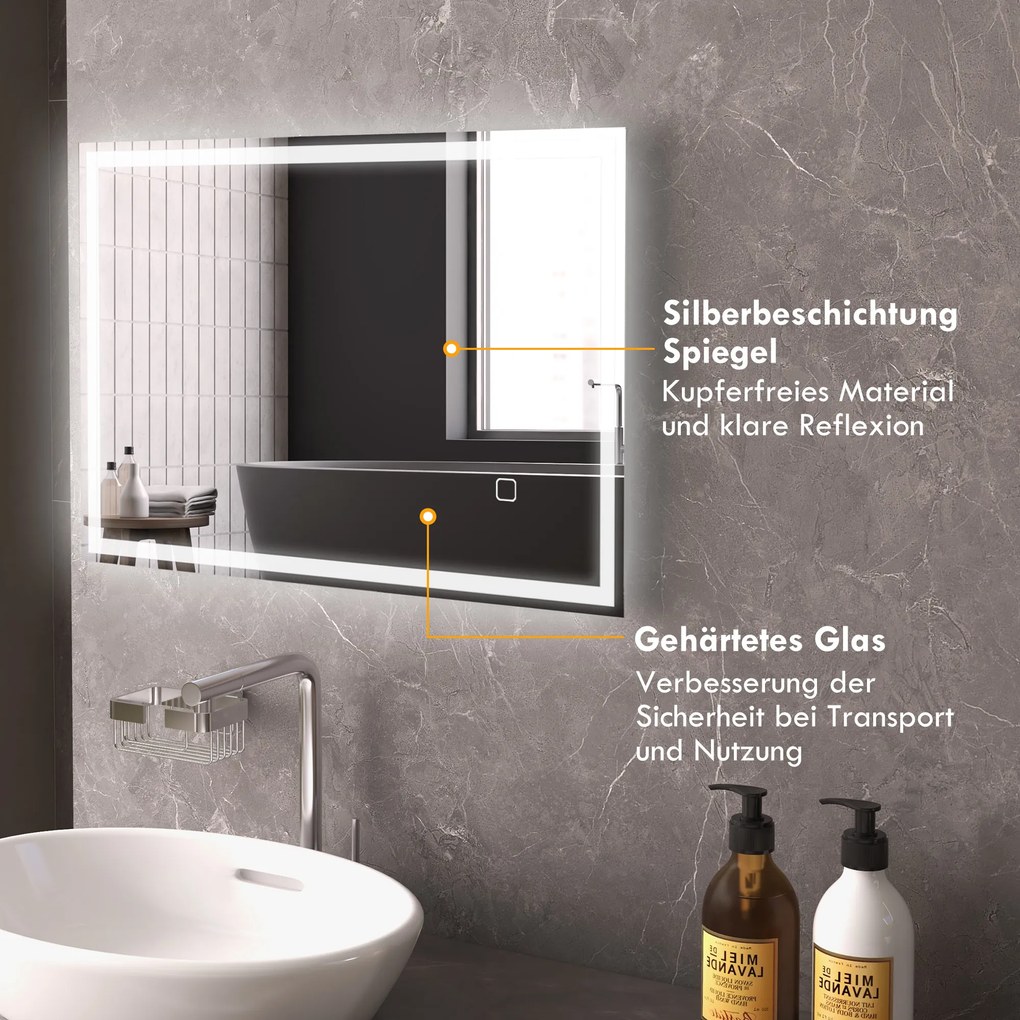 HOMCOM LED koupelnové zrcadlo 80x60cm, nástěnné, bez mlhy, s dotykovým spínačem, IP44 pro moderní koupelny