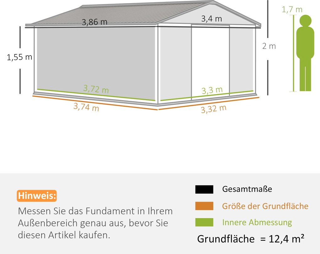 Outsunny Toolhouse 12,4 m², Zahradní Kůlna s Šikmou Střechou, Posuvné Dveře, Základna, 386 x 340 x 200 cm, Kůlna na Nářadí z Pozinkované Oceli, Odoln…