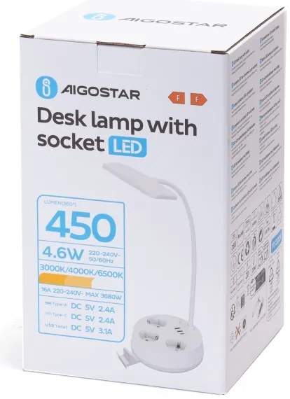 Aigostar - LED Stmívatelná stolní lampa se zásuvkami a USB LED/4,6W/230V bílá