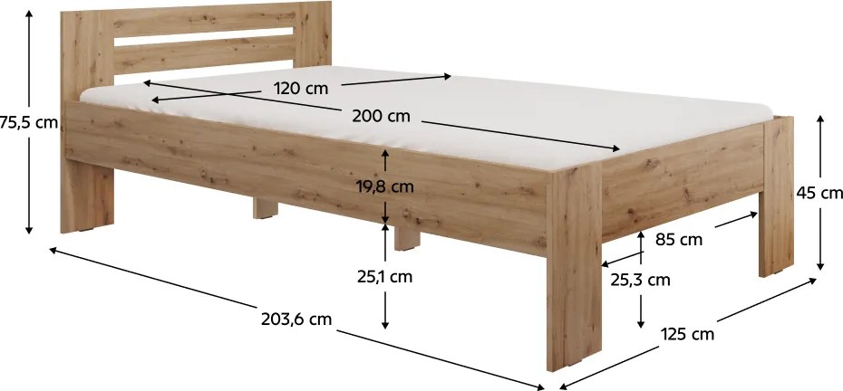 Postel, 120x200, dub artisan, BASIS