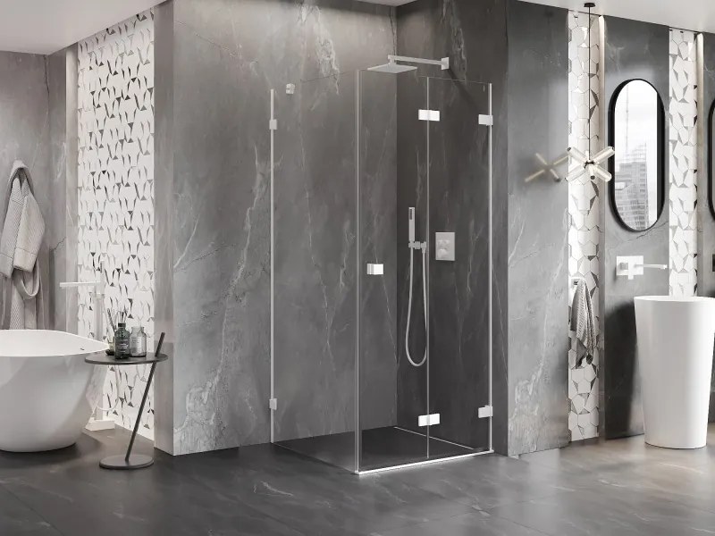 Mexen Lunar-F, sklápěcí sprchový kout pravý 90 x 90 cm, 8mm čiré sklo, bílý profil, 836-090-090-20-00-P