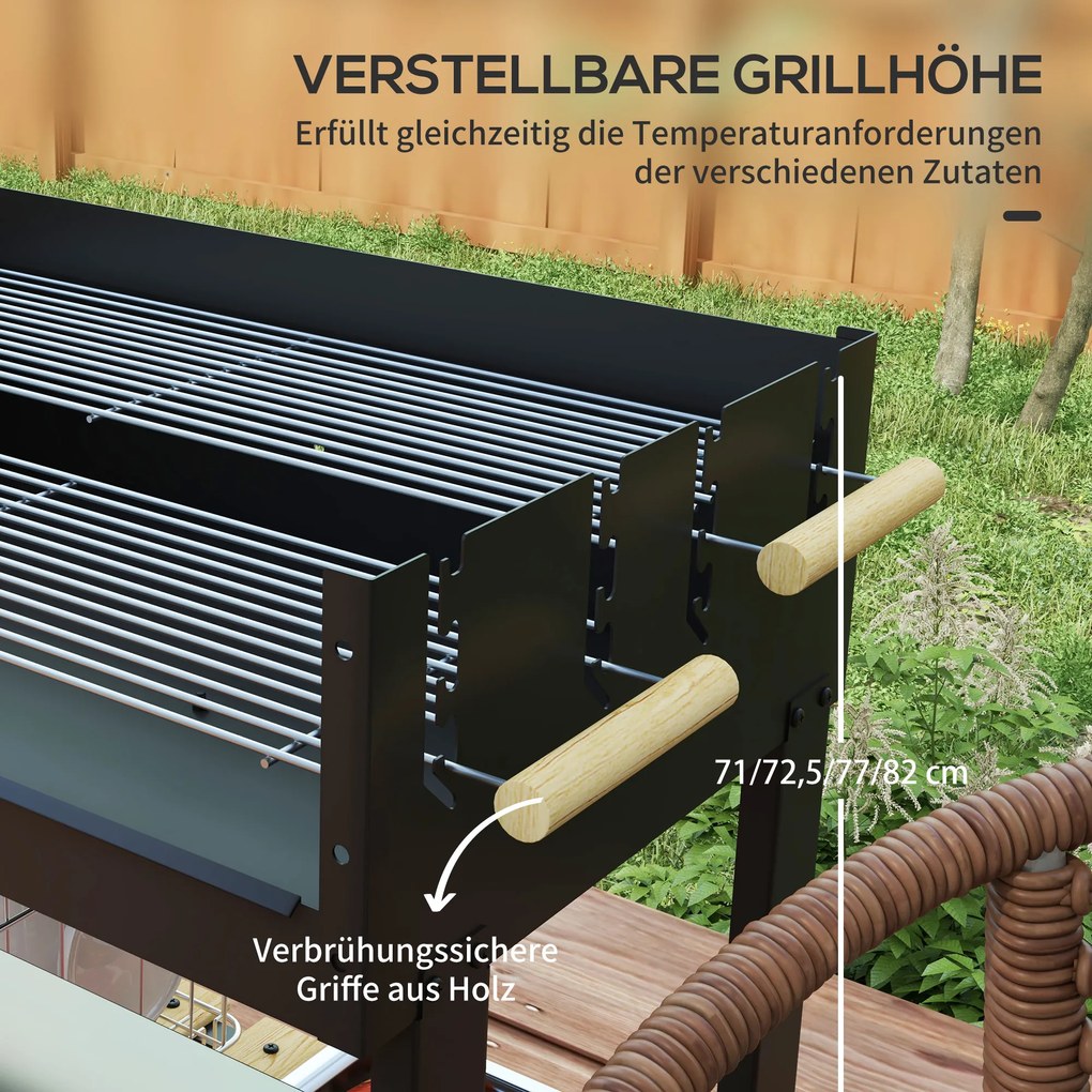 Outsunny gril na dřevěné uhlí BBQ kempinkový gril se dvěma rošty a odkládací plochou, kovový, černý 113x53,5x82,5cm na zahradu a terasu | Aosom.de