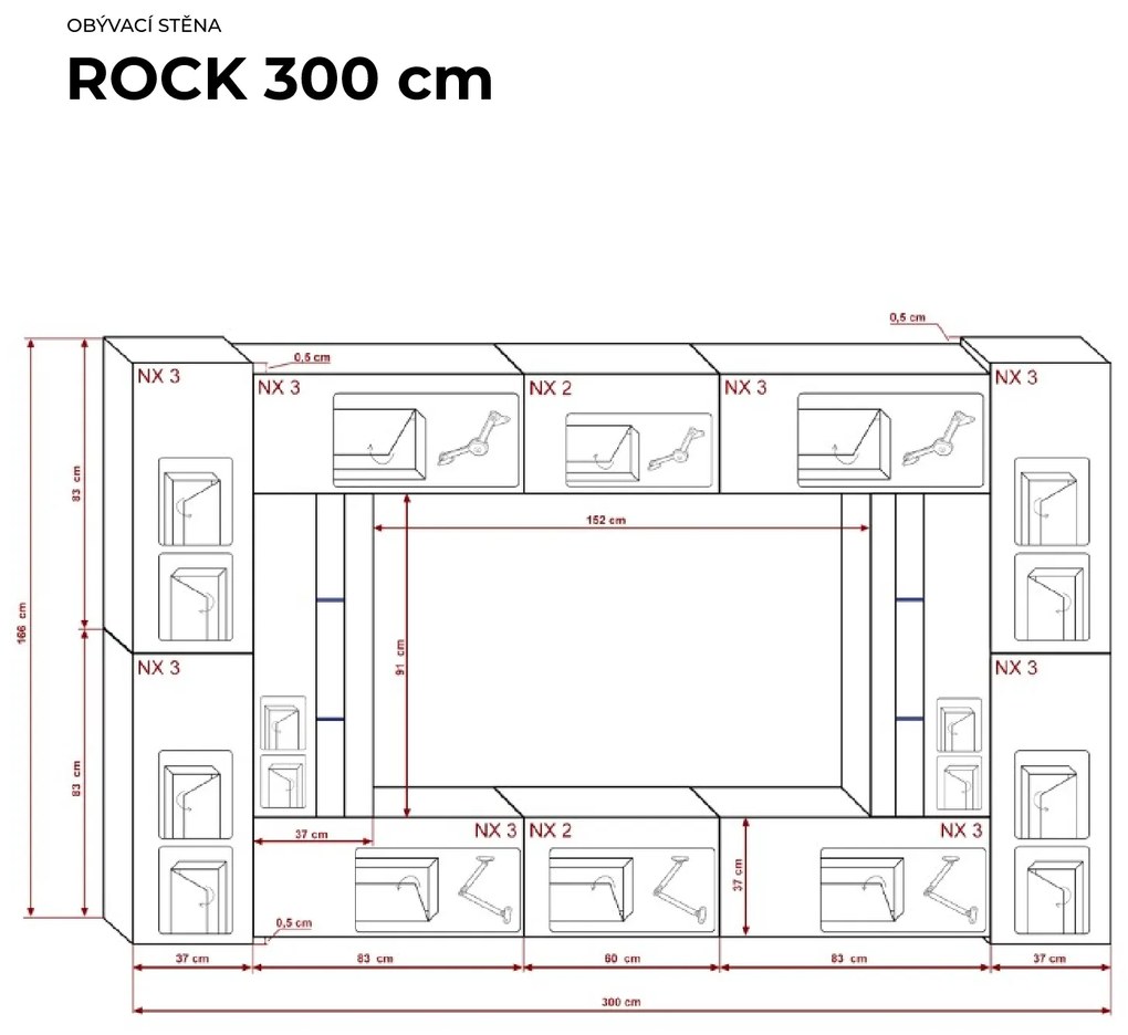 Ral Obývací stěna ROCK 1, 300 cm - Černo/bílý lesk