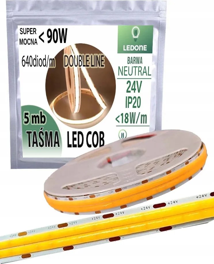 Led Páska Cob 24V výkonná 18W/m 1800 lm/m Neon linka Double neutrální 5M