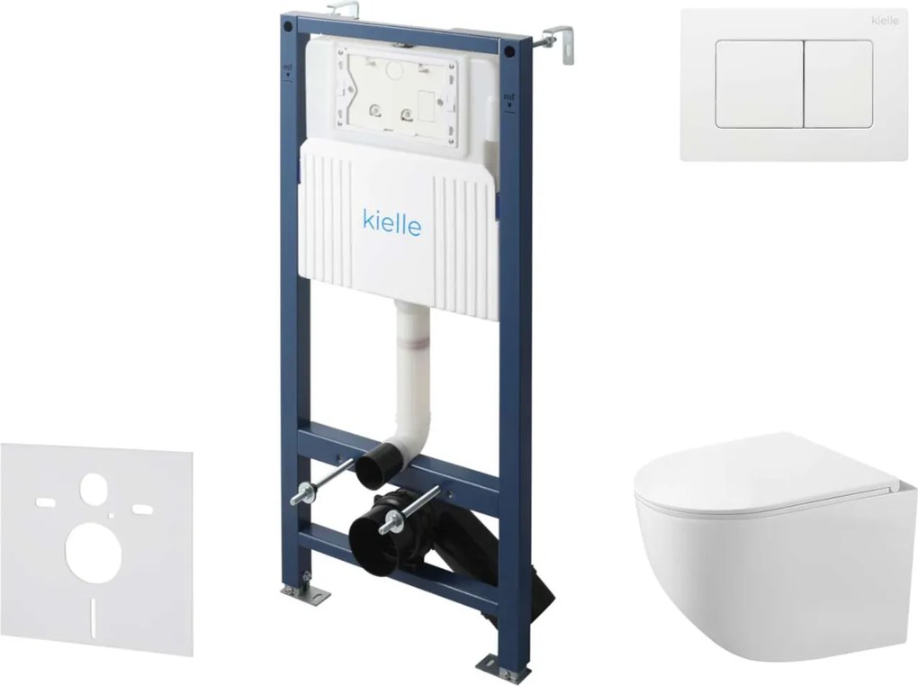 kielle Genesis New - Set předstěnové instalace, kompaktního klozetu Gaia, Rimless, sedátka softclose a tlačítka Gemini New III, lesklá bílá 30528SS88
