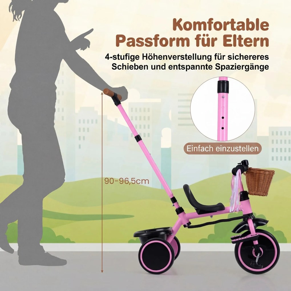 Costway Dětská tříkolka 3 v 1 s vodicí tyčí a košíkem, růžová