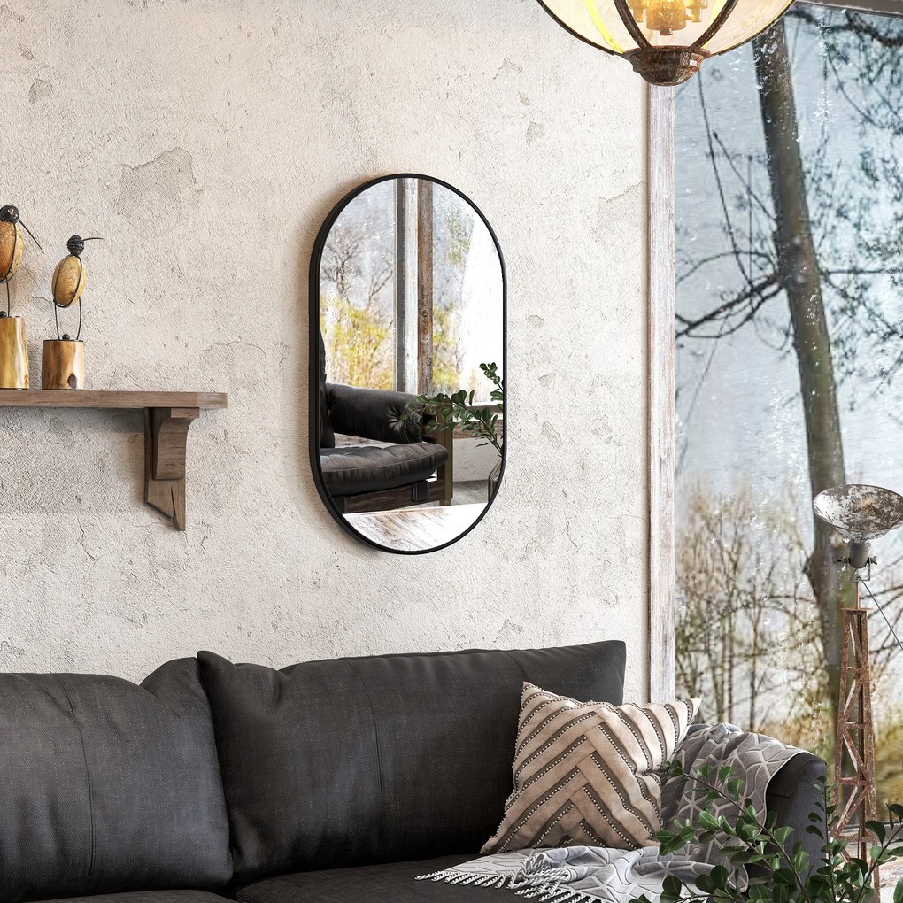 HOMCOM Oválné Koupelnové Zrcadlo 40x70 cm s Hliníkovým Rámem Dekorativní Zrcadlo na Zeď Horizontální nebo Vertikální pro Obývací Pokoj Vstupní Halus …