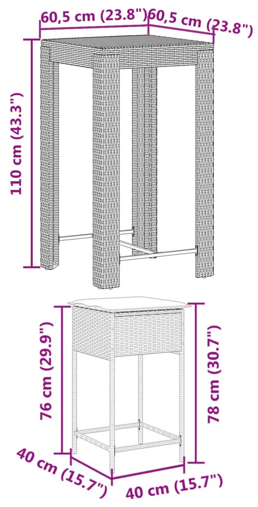 5Dílný Zahradní Barový Set S Poduškami Šedý Polyratan - Černá / 4 / 100 x 60.5 x 110.5 cm