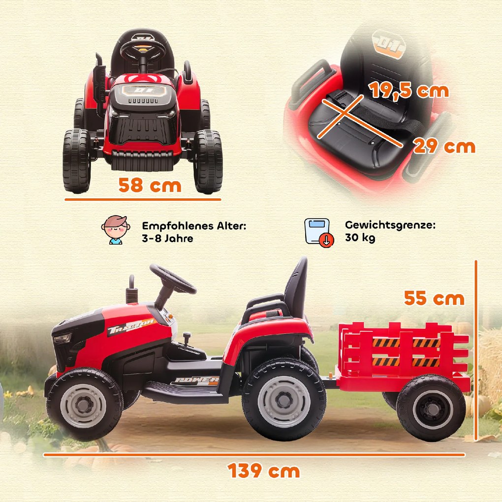 AIYAPLAY Elektrický dětský traktor, sedací traktor s dálkovým ovládáním, měkký start, pro děti ve věku 3-8 let, červený