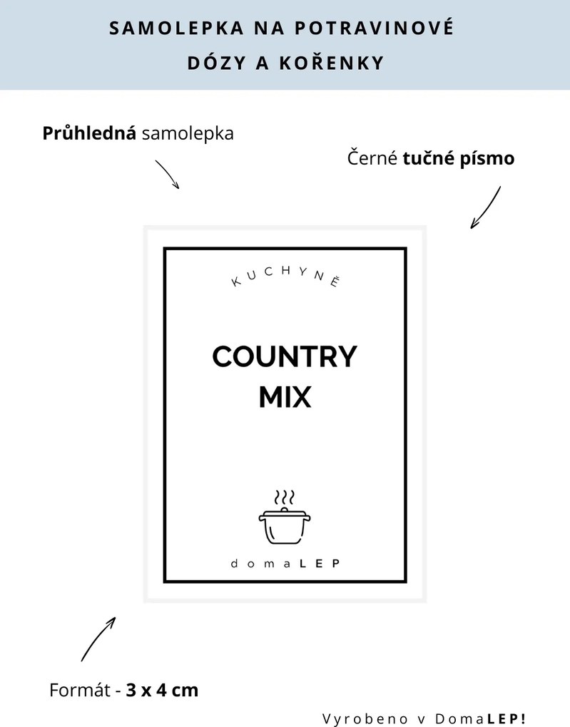 Samolepka na kořenky COUNTRY MIX průhledná 3 × 4 cm tučné písmo