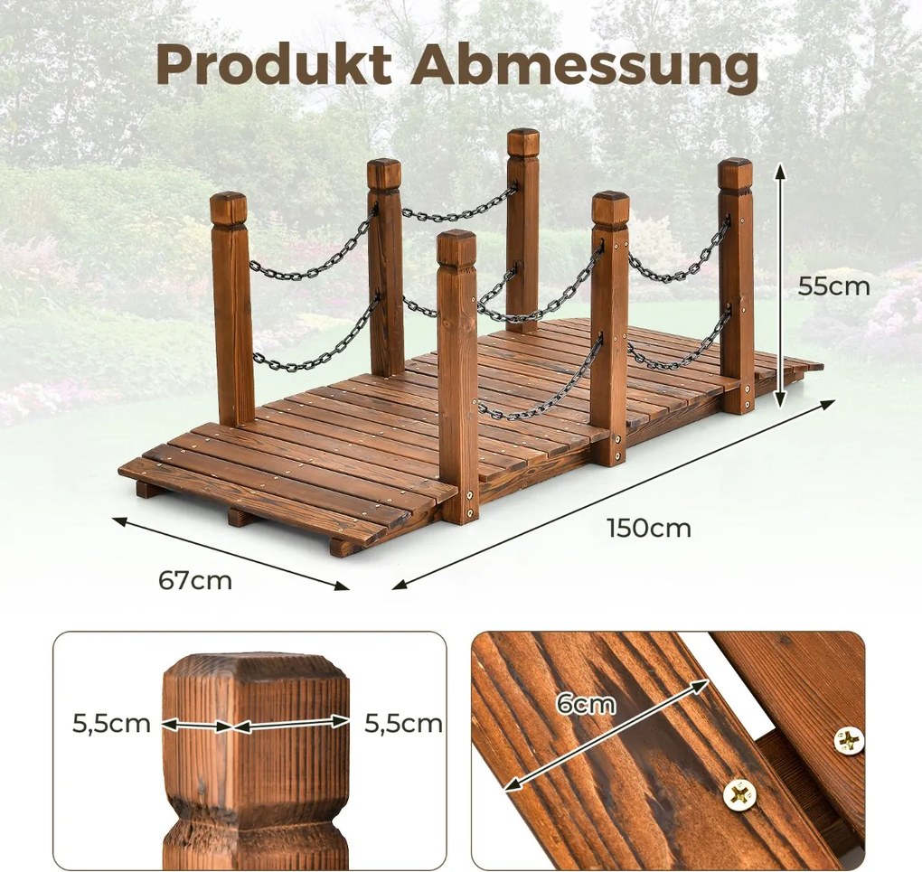 Costway Dřevěný most se zábradlím, zahradní most, nosnost do 120 kg, jezírkový